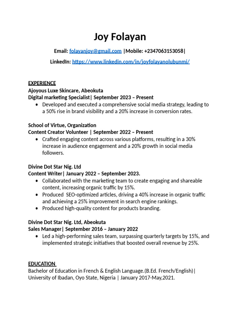 Joy Folayan Product Manager CV | PDF