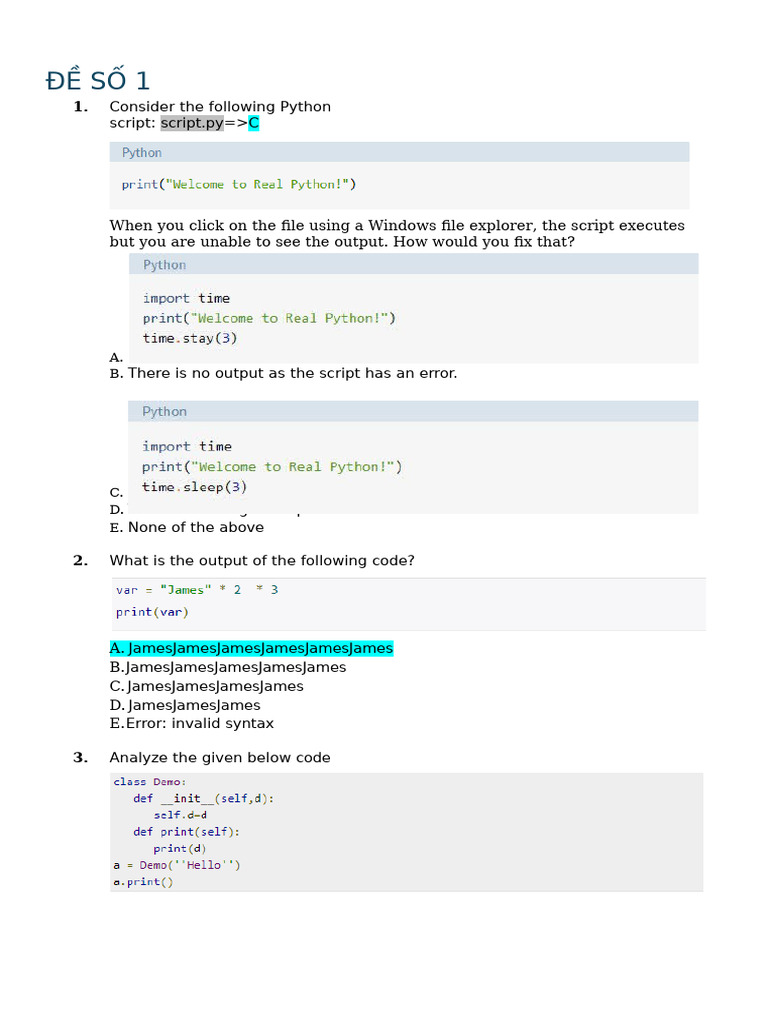 Python Script Output and Syntax Quiz | PDF | Python (Programming ...