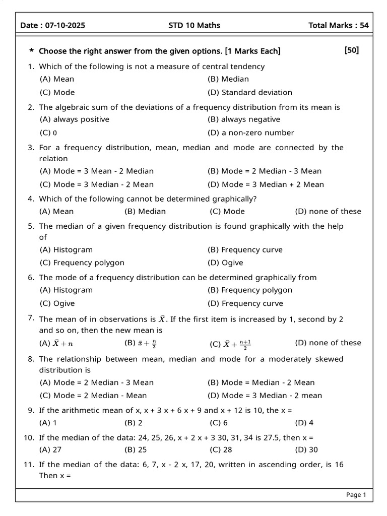 Central Tendency Questions for STD 10 Maths | PDF | Mode (Statistics ...