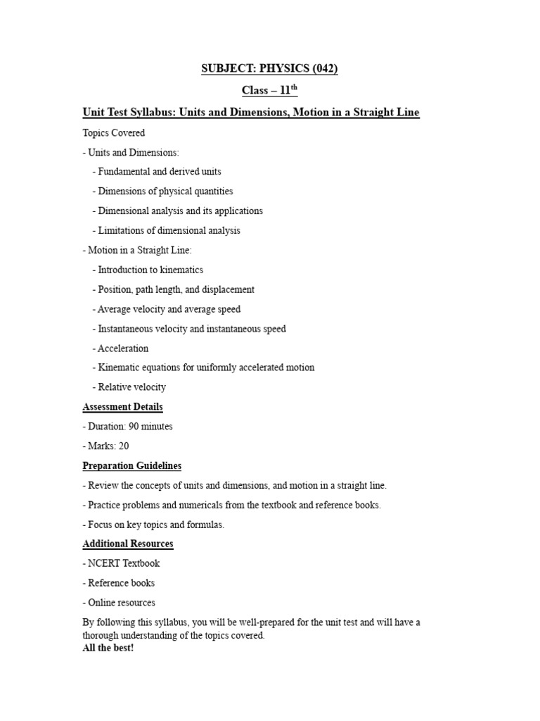 Class 11 Physics Unit Test Syllabus | PDF