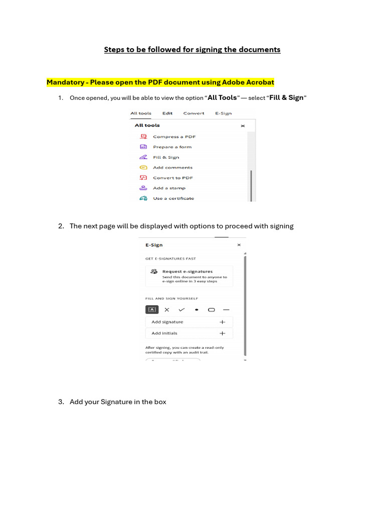 Steps To Be Followed For Signing The Documents | PDF