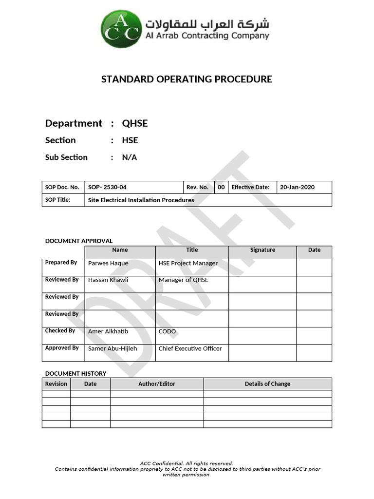 SOP-2530-04 HSE Site Electrical Installation Procedures Ver - 00 | PDF ...