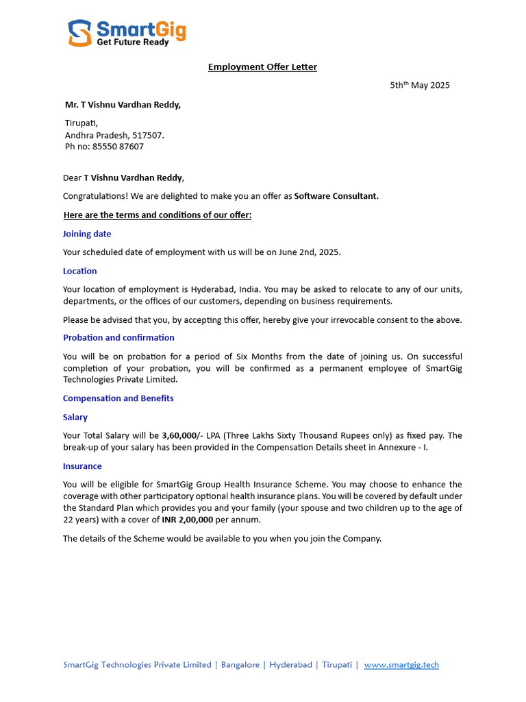 Offer Letter - T Vishnu Vardhan Reddy 2 | PDF