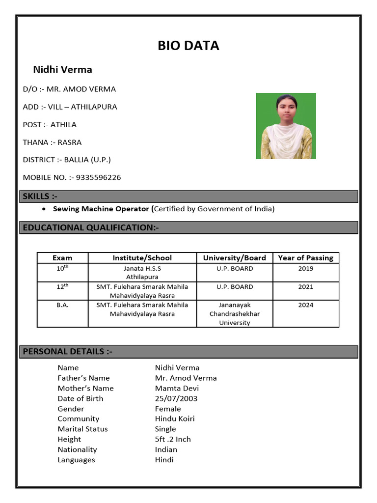 Nidhi Verma Bio Data and Skills | PDF