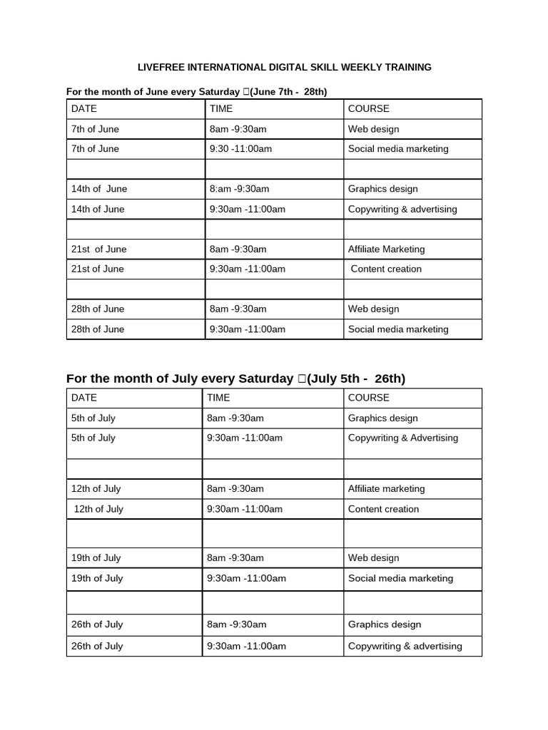 Livefree International Weekly Training Timetable | PDF