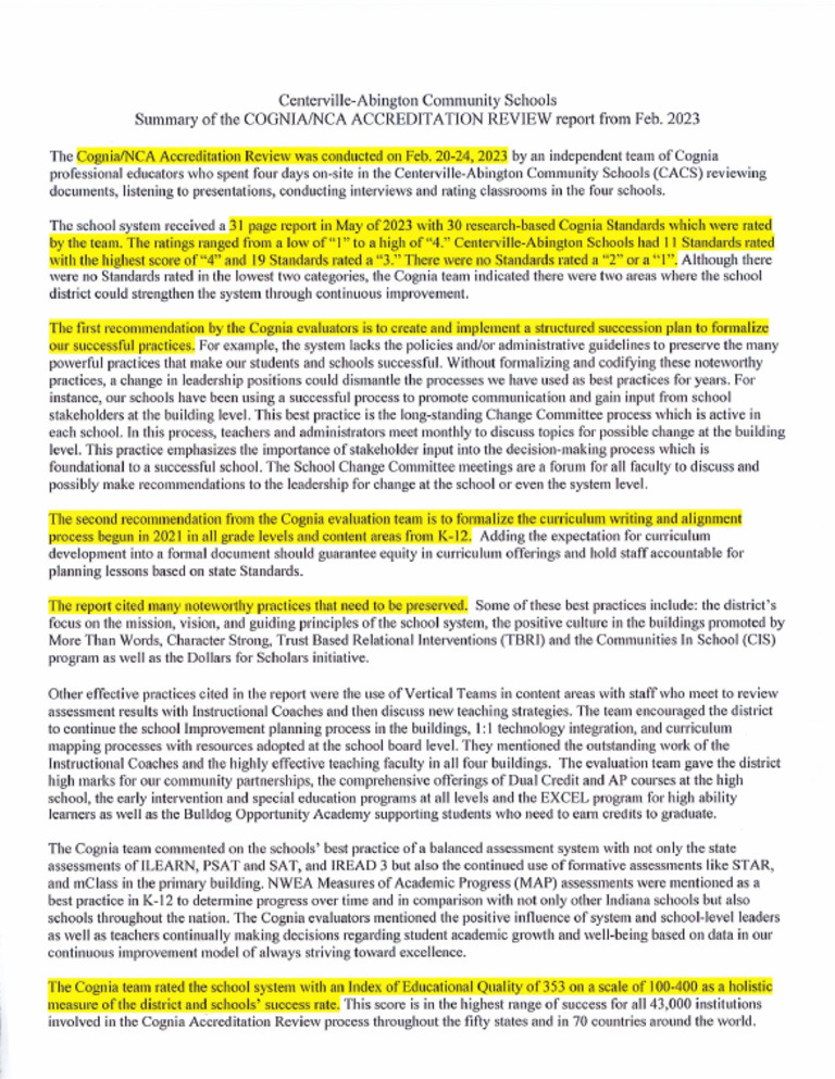 Summary of Cognia Final Accreditation Report | PDF