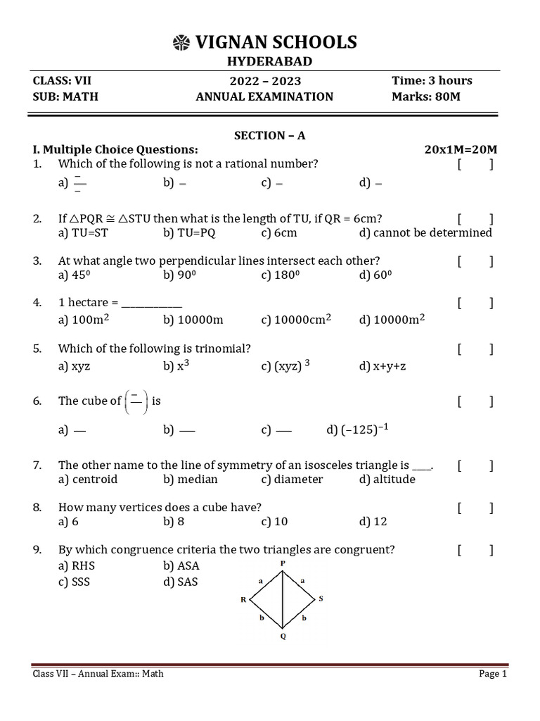 Class - VII Annual 2022-23 - Math - Set 1 | PDF | Triangle | Area