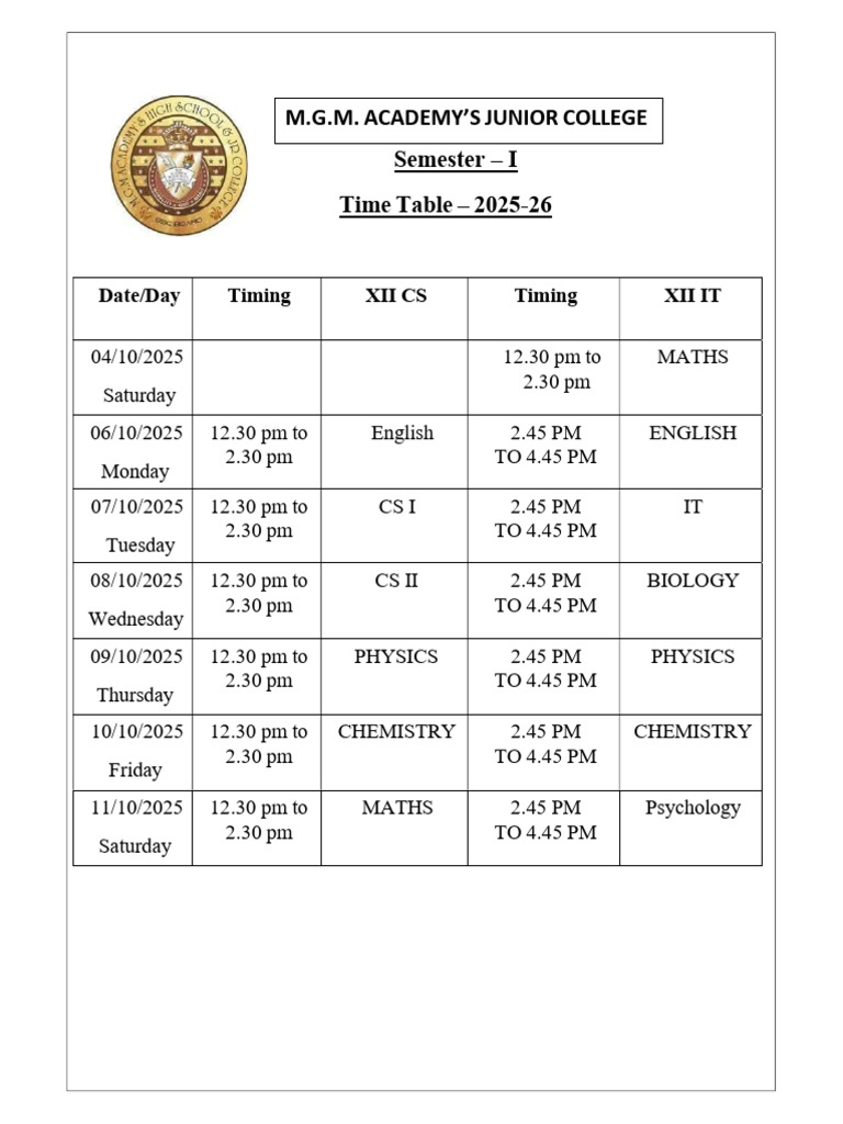 Xii Science Sem 1 Timetable | PDF