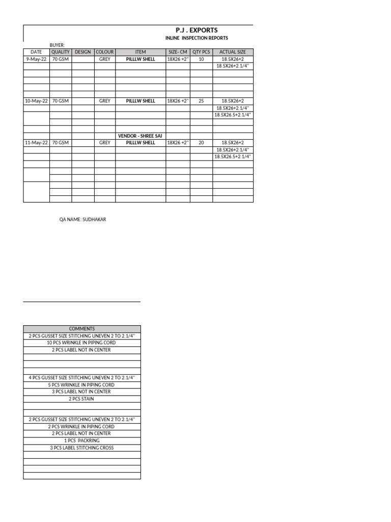 Inline Inspection Report for Pillow Shells | PDF