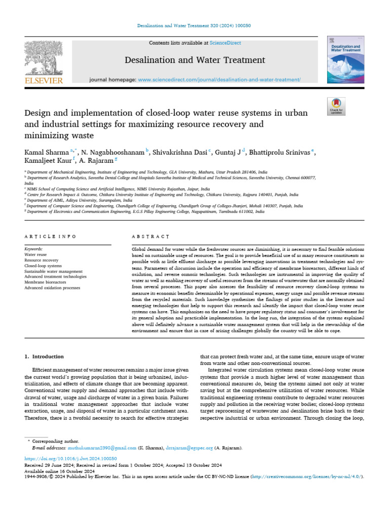 Closed-Loop Water Reuse Systems Design | PDF | Reclaimed Water | Risk