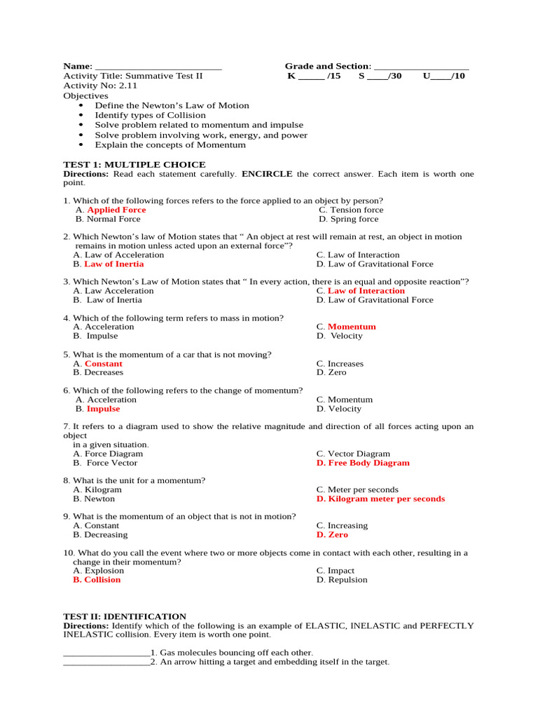 Summative Gen Physics 2.2 | PDF | Force | Momentum