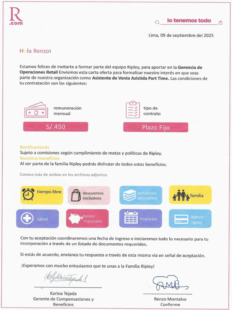 Carta Oferta Firmada Renzo Montalvo | PDF