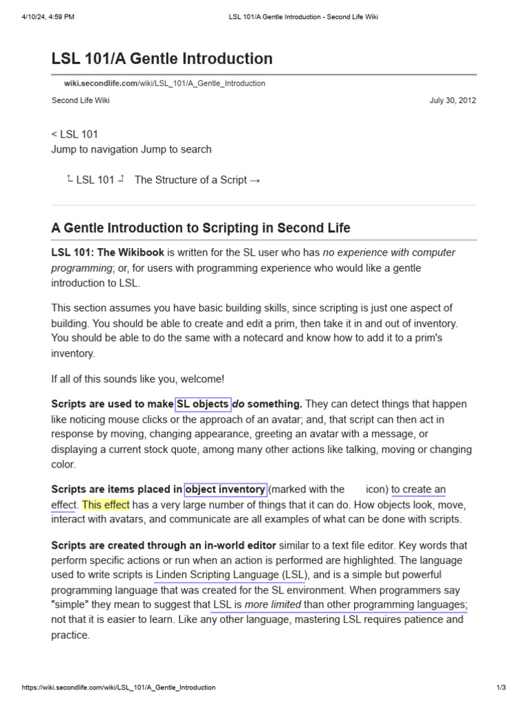 001 LSL 101 - A Gentle Introduction - Second Life Wiki | PDF