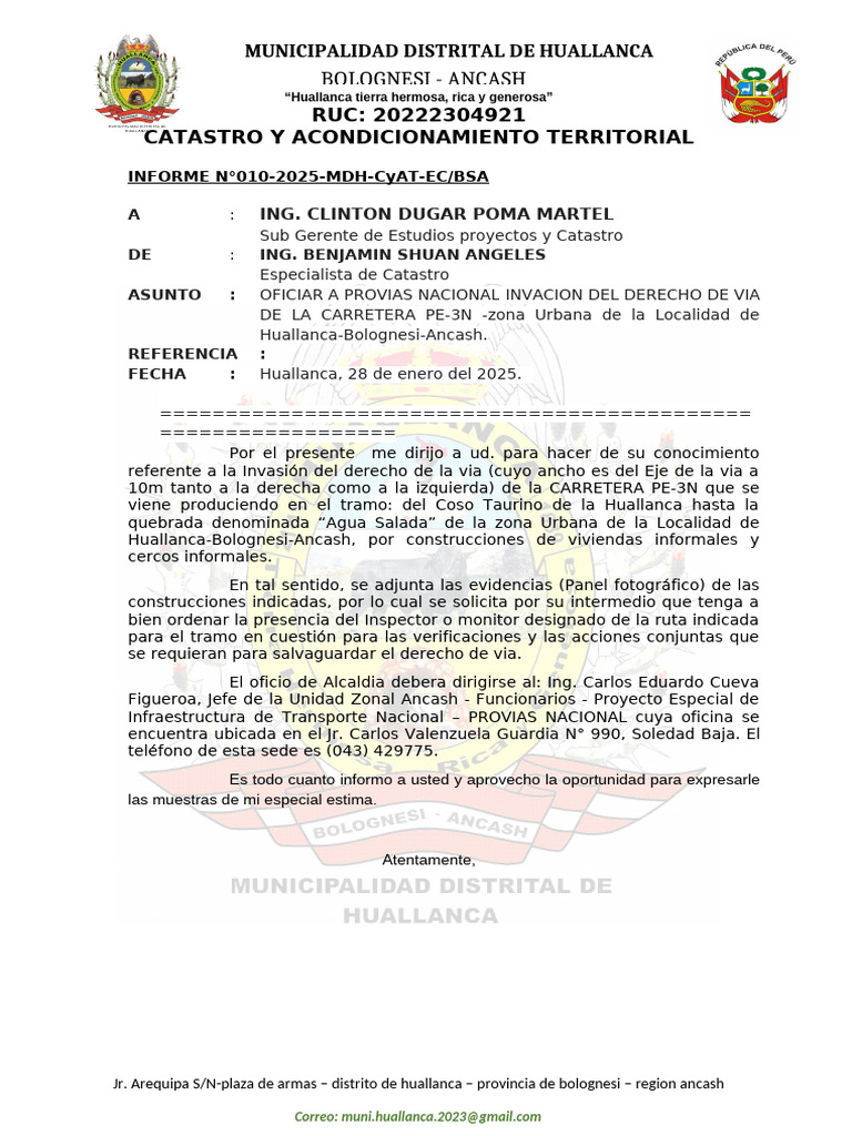 INFORME N°010-2025 NOTIFICACION A PROVIAS NACIONAL Invasion de Franja ...