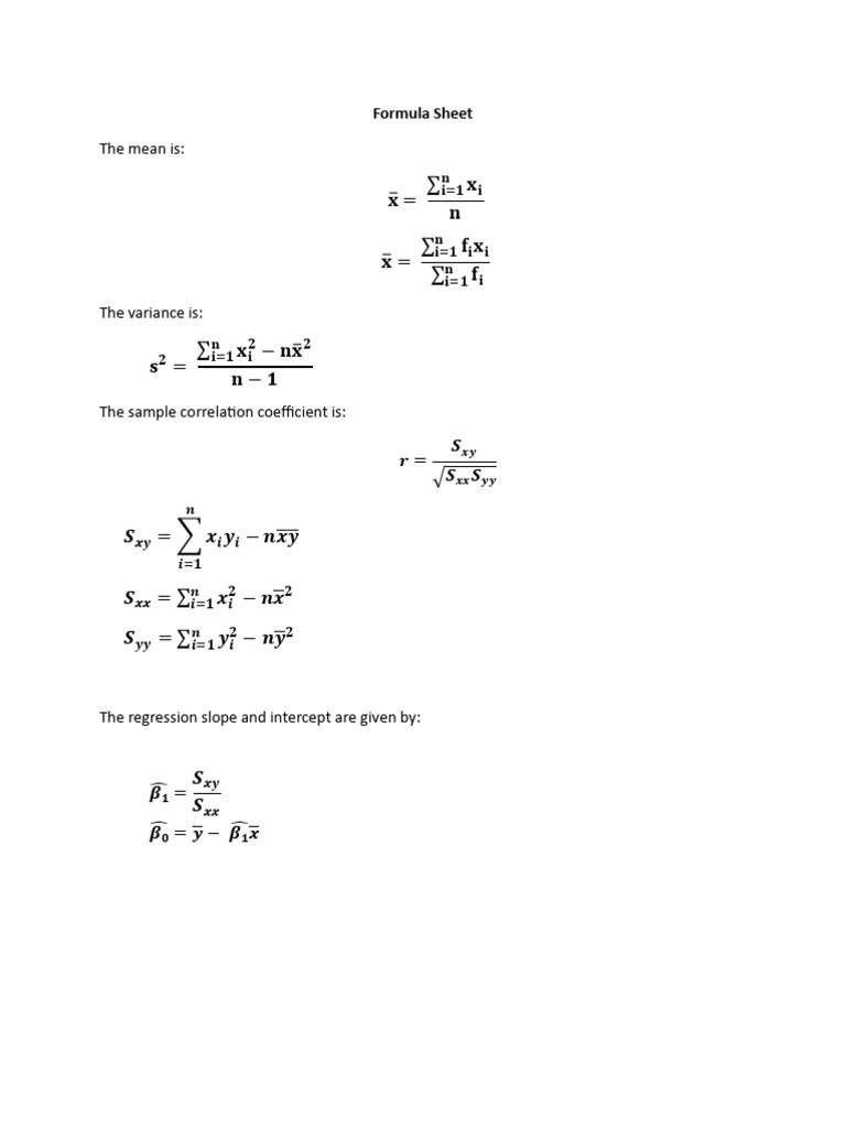 Statistical Formula Sheet for Analysis | PDF