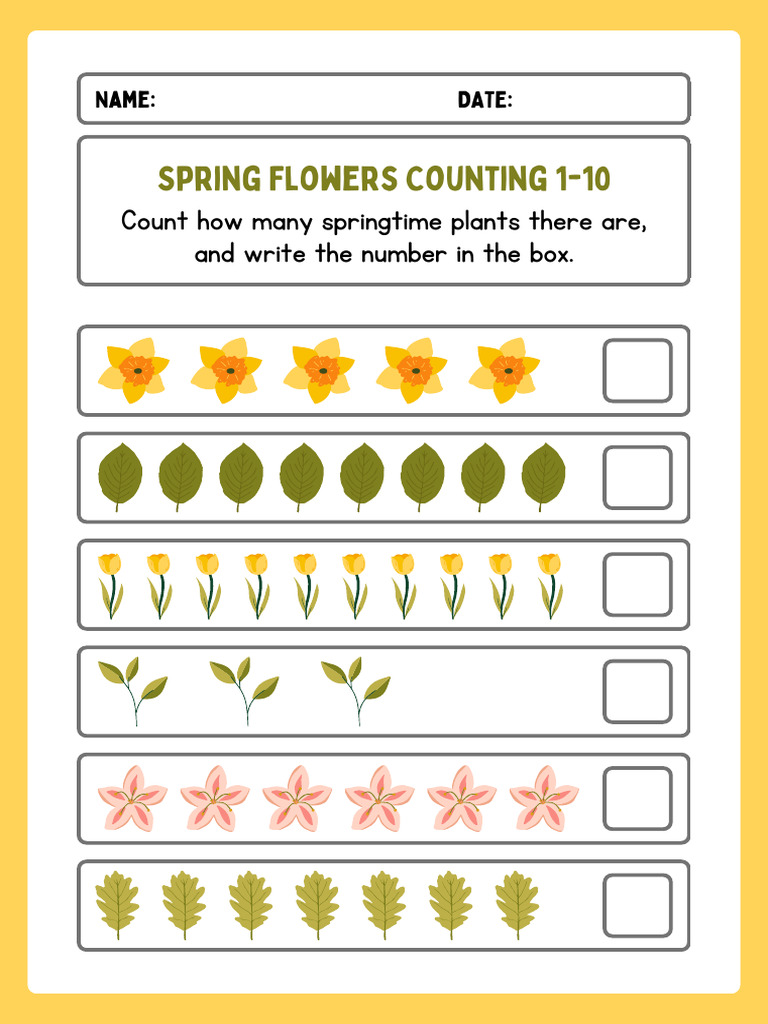 Spring Flower Counting Maths Worksheet in Simple Printable Pastel Style ...