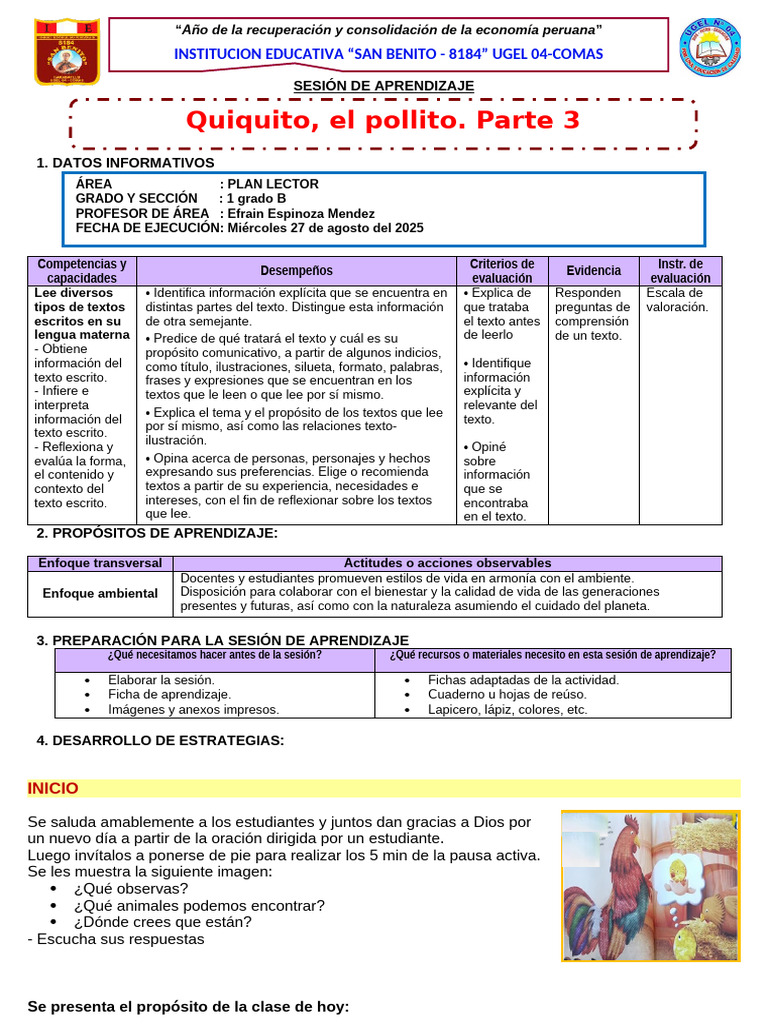 PLAN LECTOR - Quiquito, El Pollito. Parte 3 - Mierc 27-8 | PDF ...