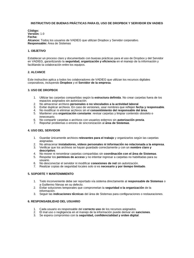 Instructivo de Buenas Prácticas para El Uso de Dropbox y Servidor en Vadieg | PDF | Archivo de ...