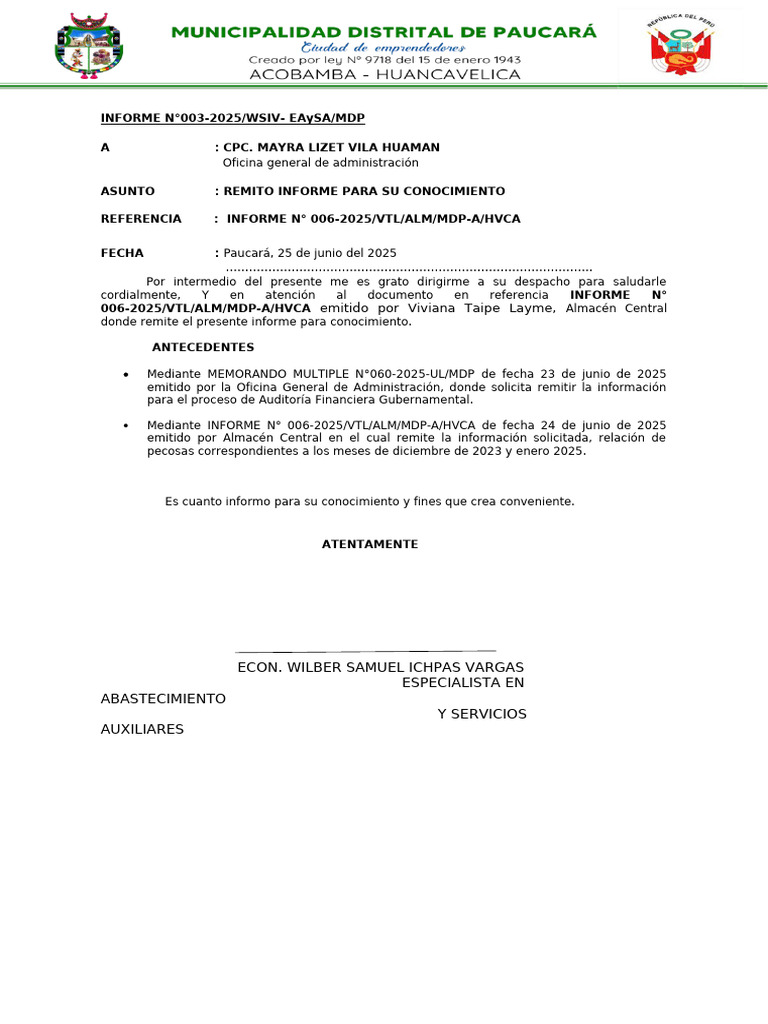 Informe Remitir Información N°003 | PDF