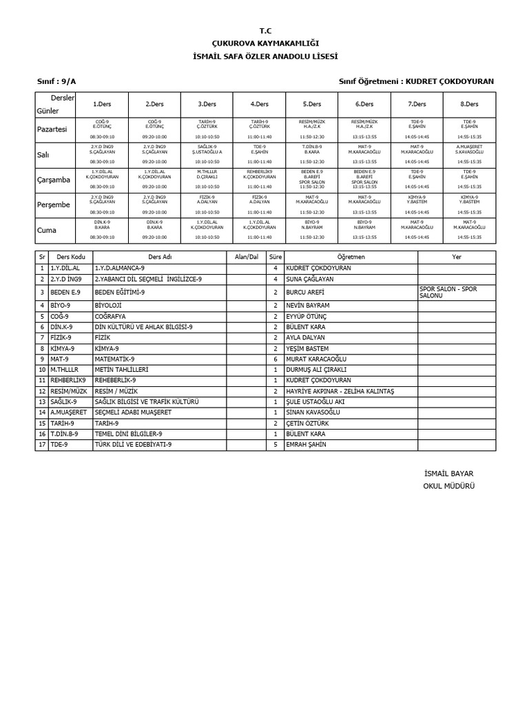 Eylül 2025 Sinif Ders Programi | PDF