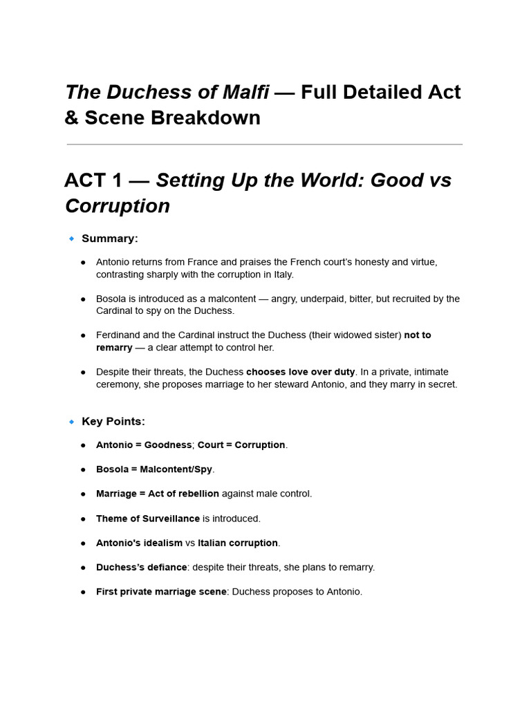 The Duchess of Malfi - Full Detailed Act & Scene Breakdown | PDF ...