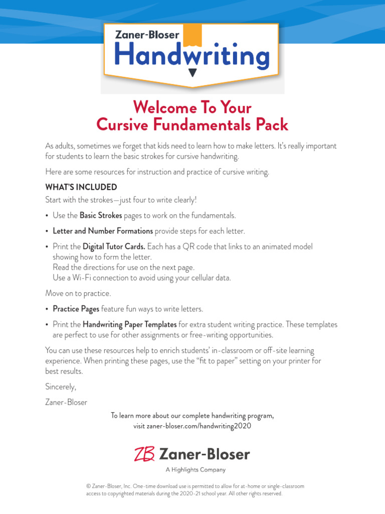 Zaner-Bloser Cursive Handwriting Pack | PDF | Writing