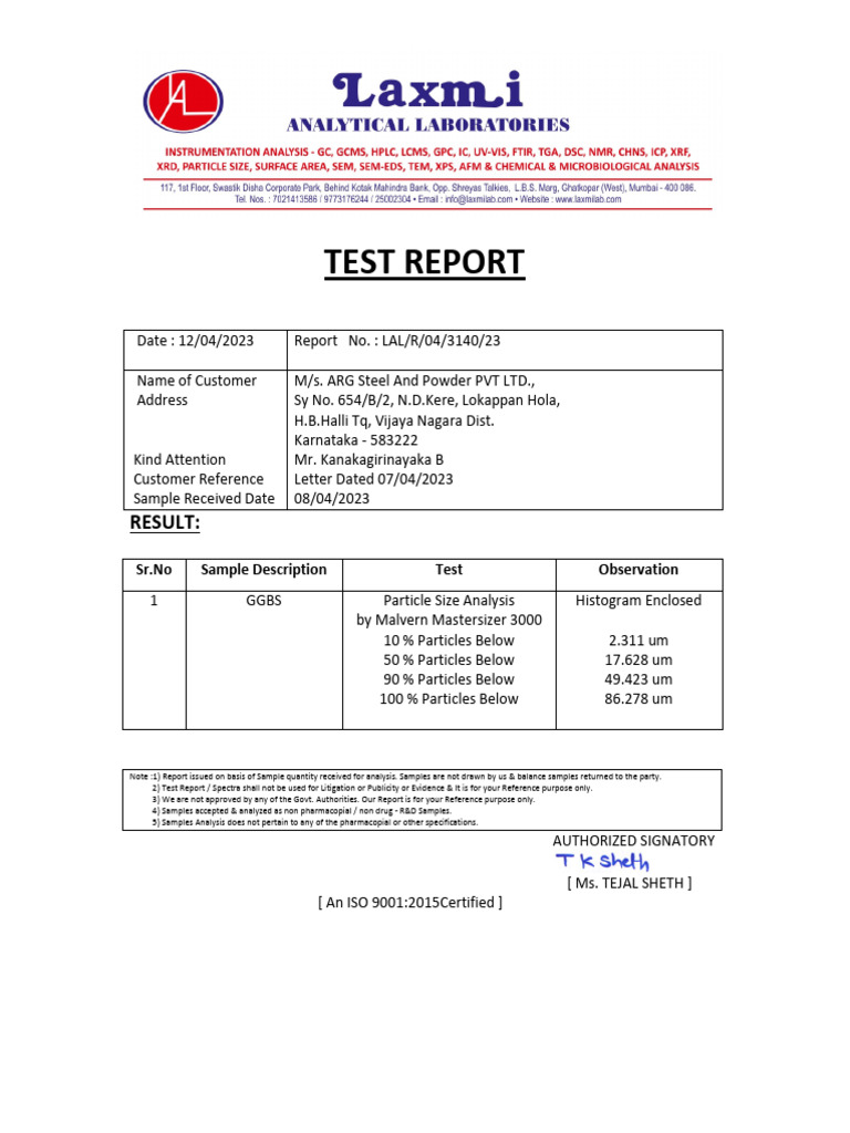 Arg Ggbs - PSD Test Report | PDF