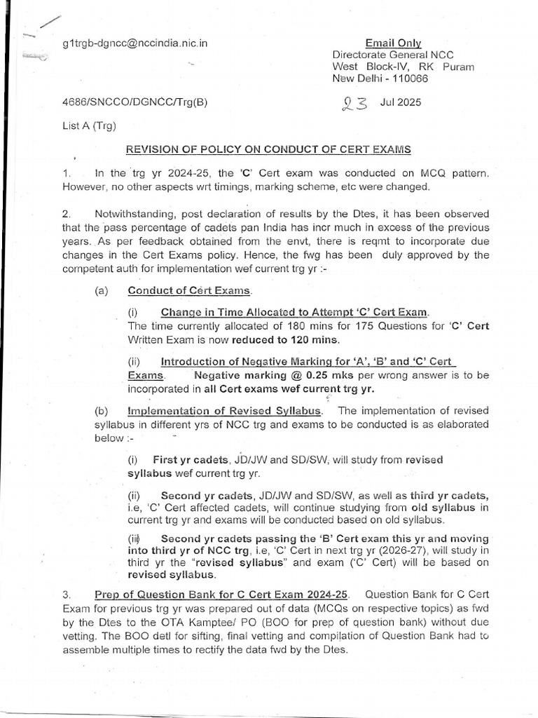 NCC 'C' Cert Exam Policy Revision 2024 | PDF