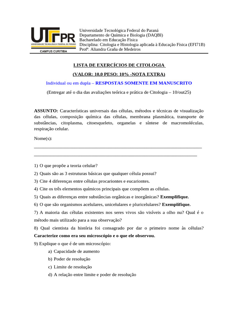 Lista de Exercícios Citologia | PDF | Osmose | Célula (Biologia)