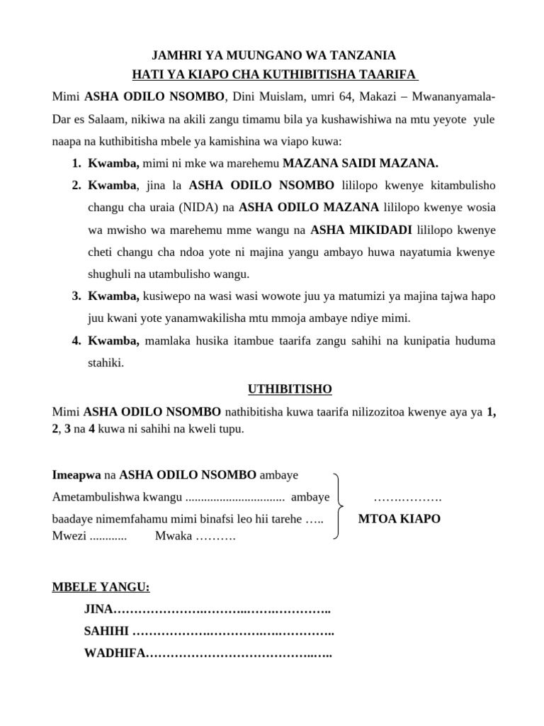 Kiapo Cha Taarifa SAMPLE | PDF