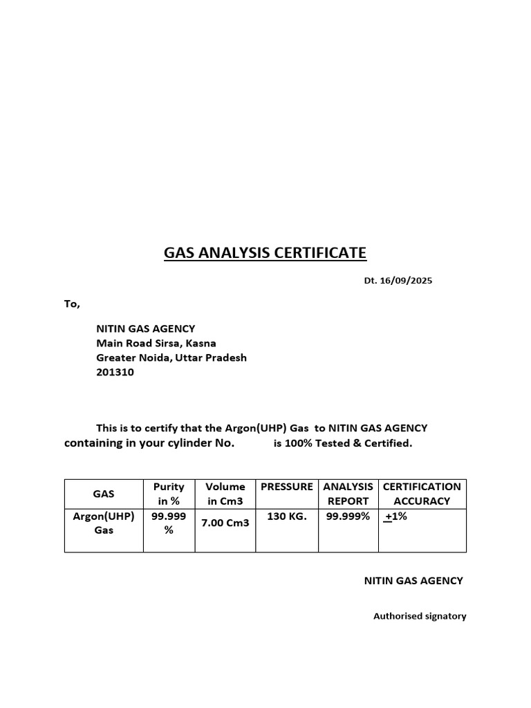 Argon Gas Analysis Certificate 2025 | PDF