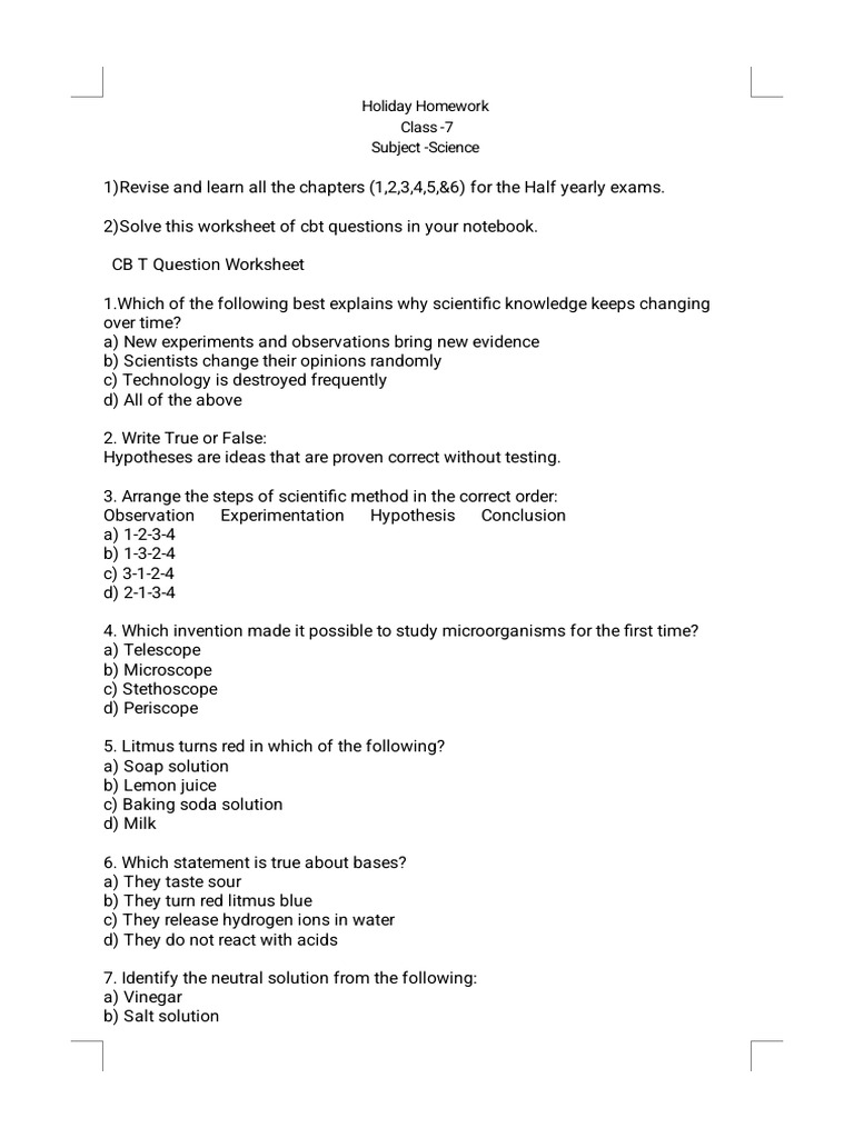Science Holiday Homework (Class 7) | PDF | Metals | Adolescence