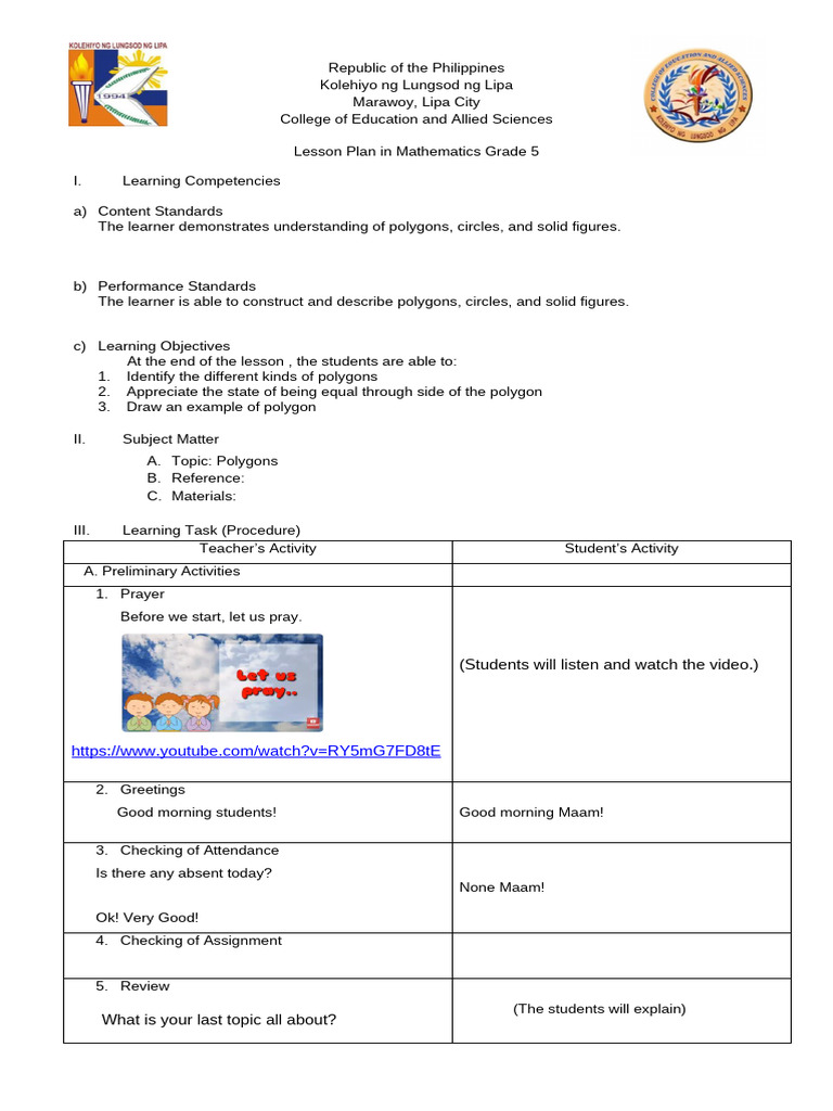 Cheska Detaileed Lesson Plan Math 5 | PDF | Triangle | Shape