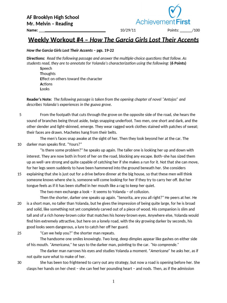 Formative Assessment 1 of 3 - How The Garcia Girls Lost Their Accents | PDF
