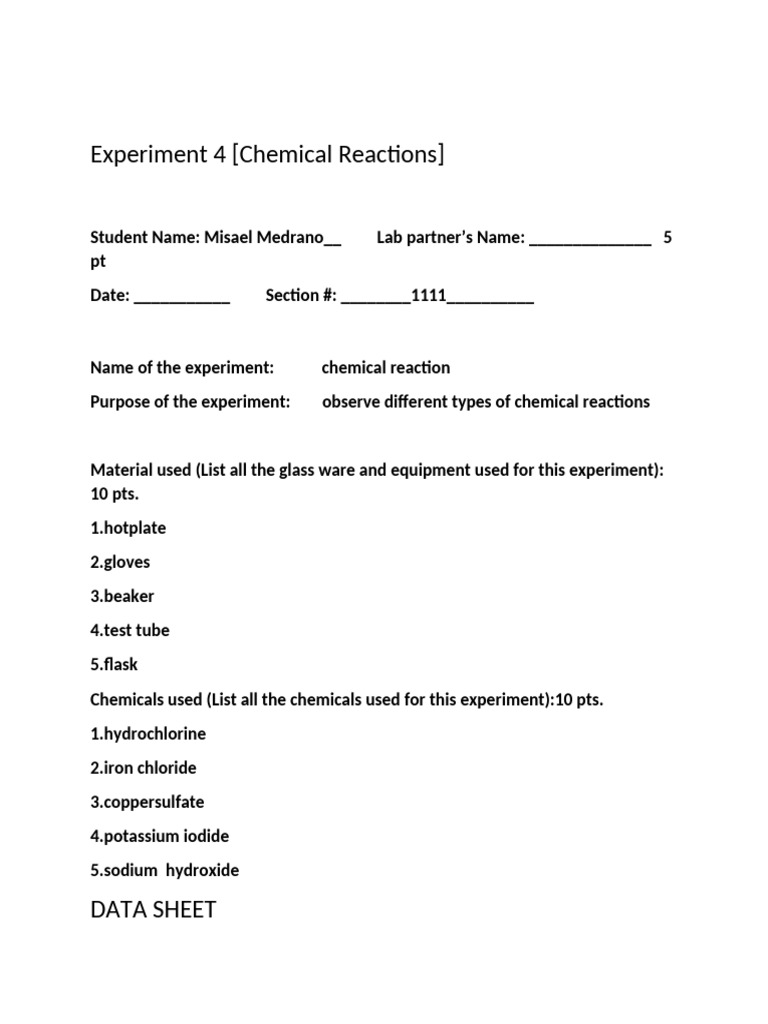Chemical Reactions Lab Experiment | PDF | Salt (Chemistry) | Chemical ...