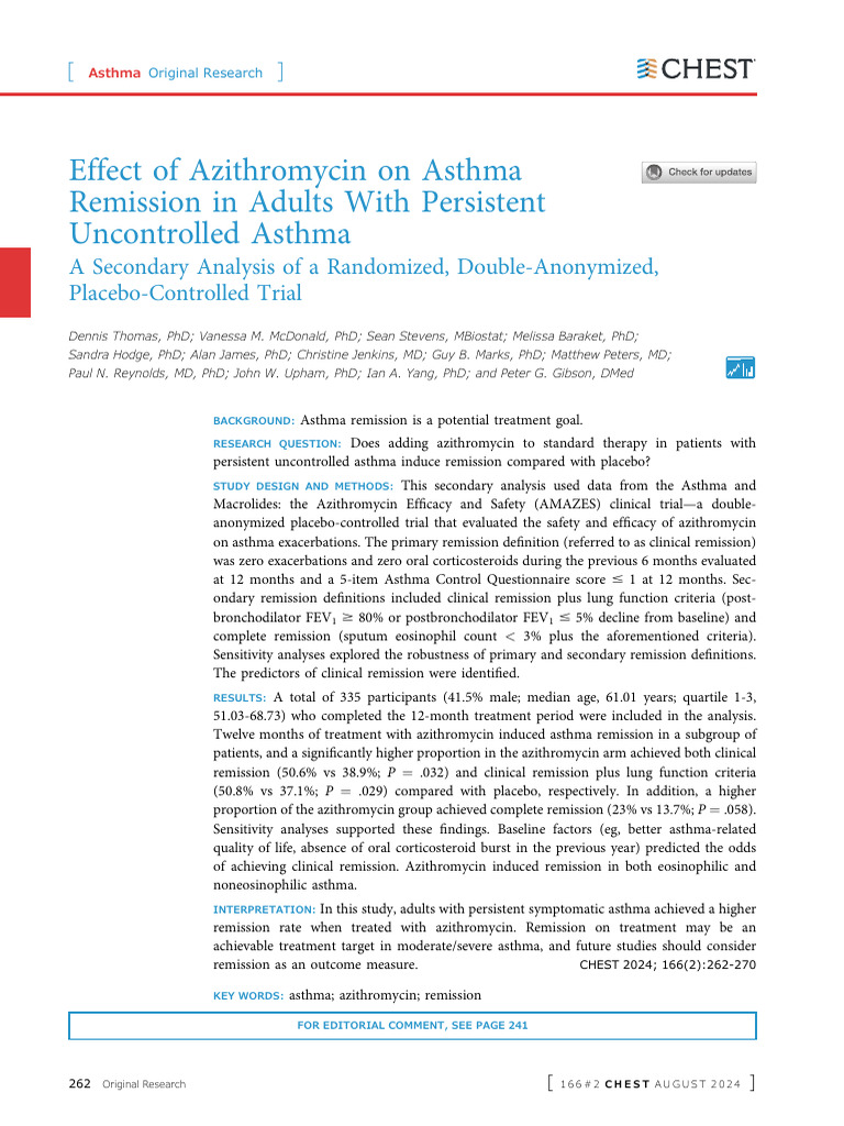 Effect of Azithromycin On Asthma Remission in Adults With Persistent ...
