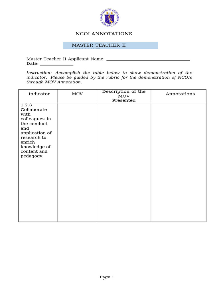 NCOI Annotations Form for Master Teacher II Applicant (1) | PDF ...