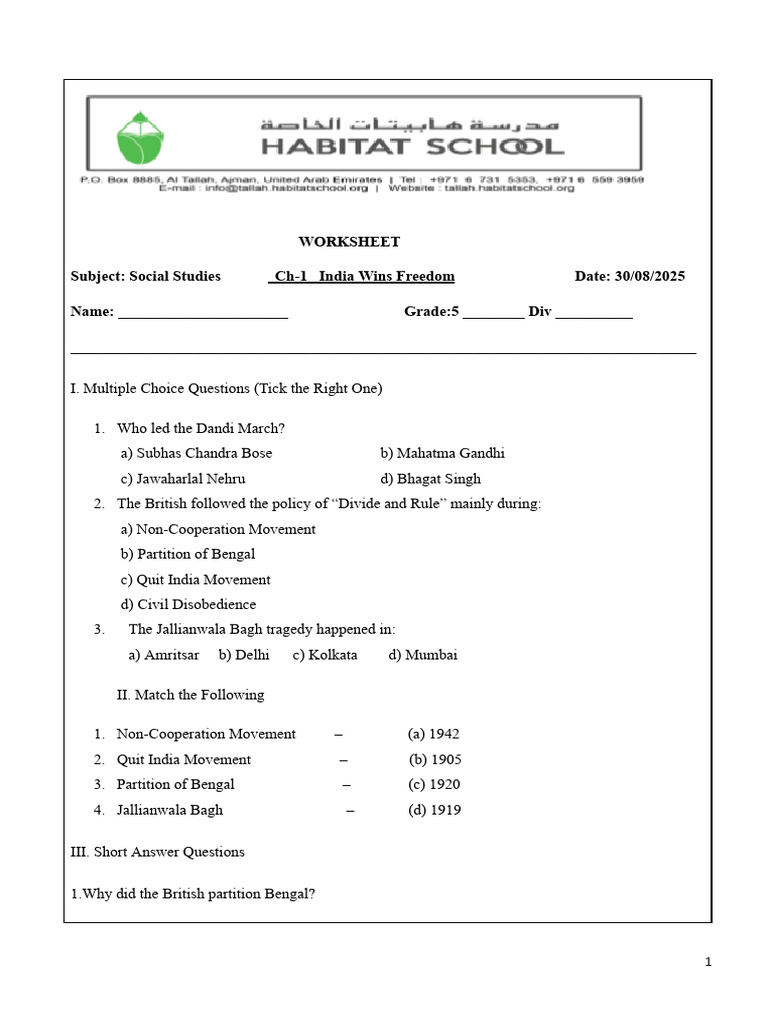 Social Studies Worksheet: India Wins Freedom | PDF