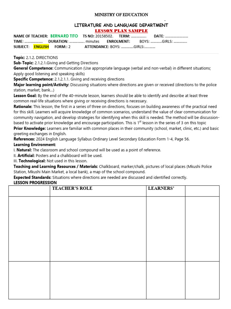 Directions English Form 2 Lesson Plans-1 | PDF | Learning | Vocabulary