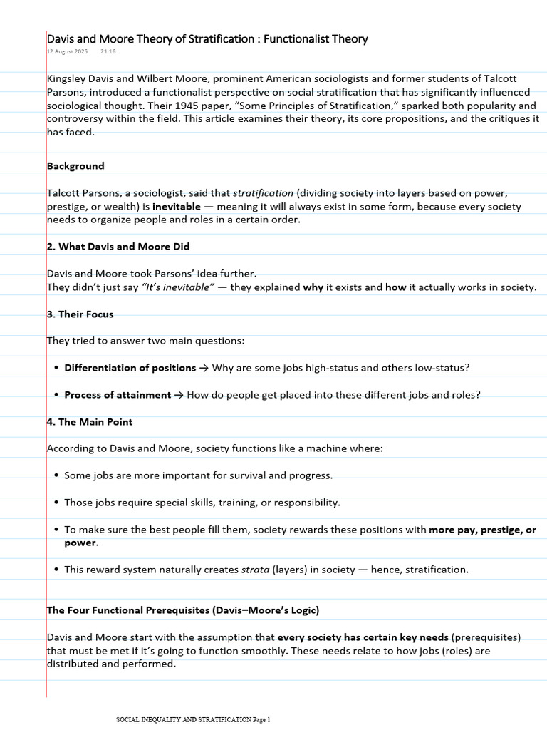 Davis-Moore Theory of Stratification | PDF | Social Stratification ...
