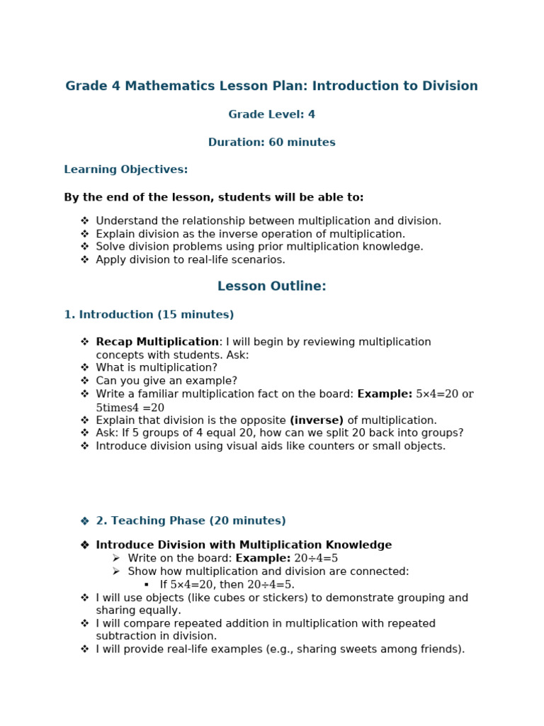 Grade 4 Division Lesson Plan | PDF