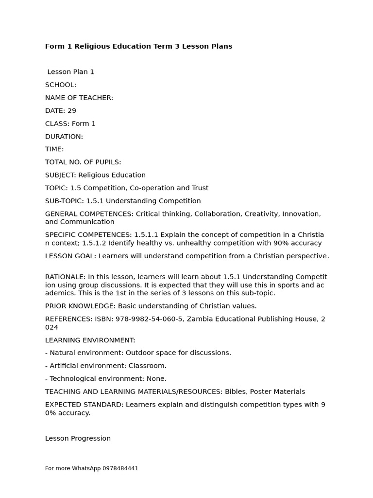 Form 1 Religious Education Lesson Plans | PDF | Lesson Plan | Learning