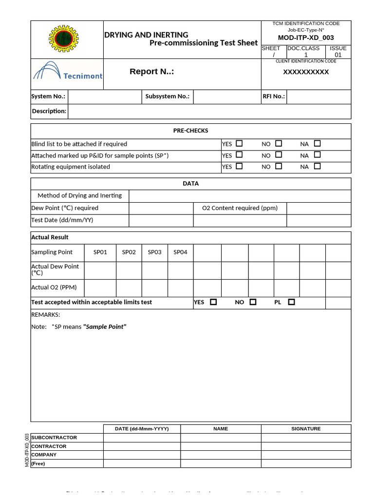 Pre-Commissioning Test Sheet Template | PDF