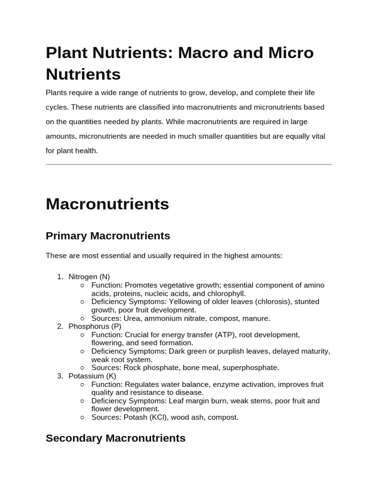 Plant Nutrients - Macro and Micro Nutrients | PDF | Plant Nutrition | Nutrients