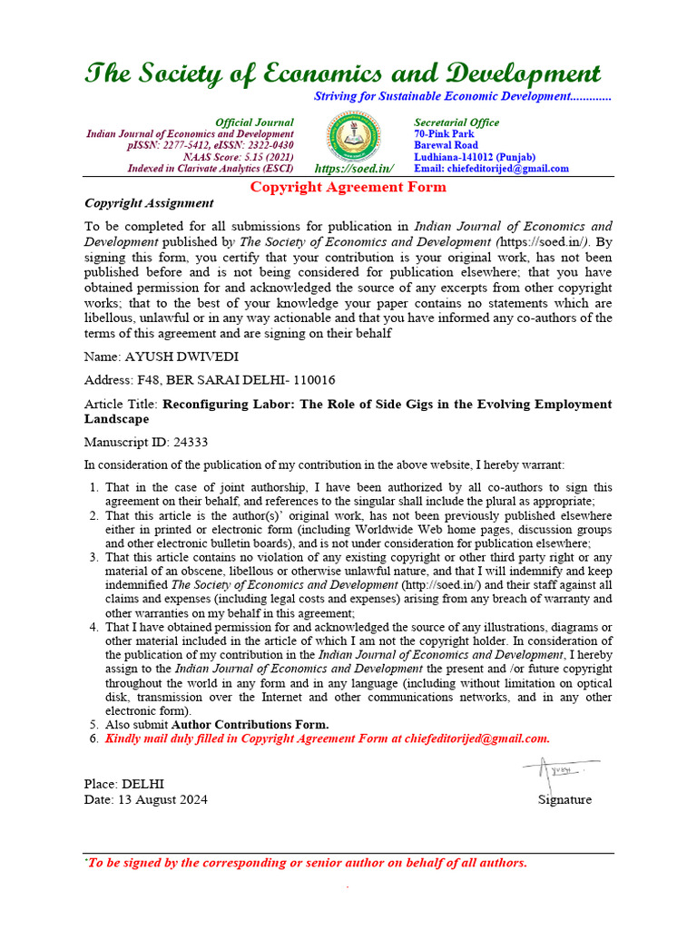 Copyright Agreement for Journal Submission | PDF