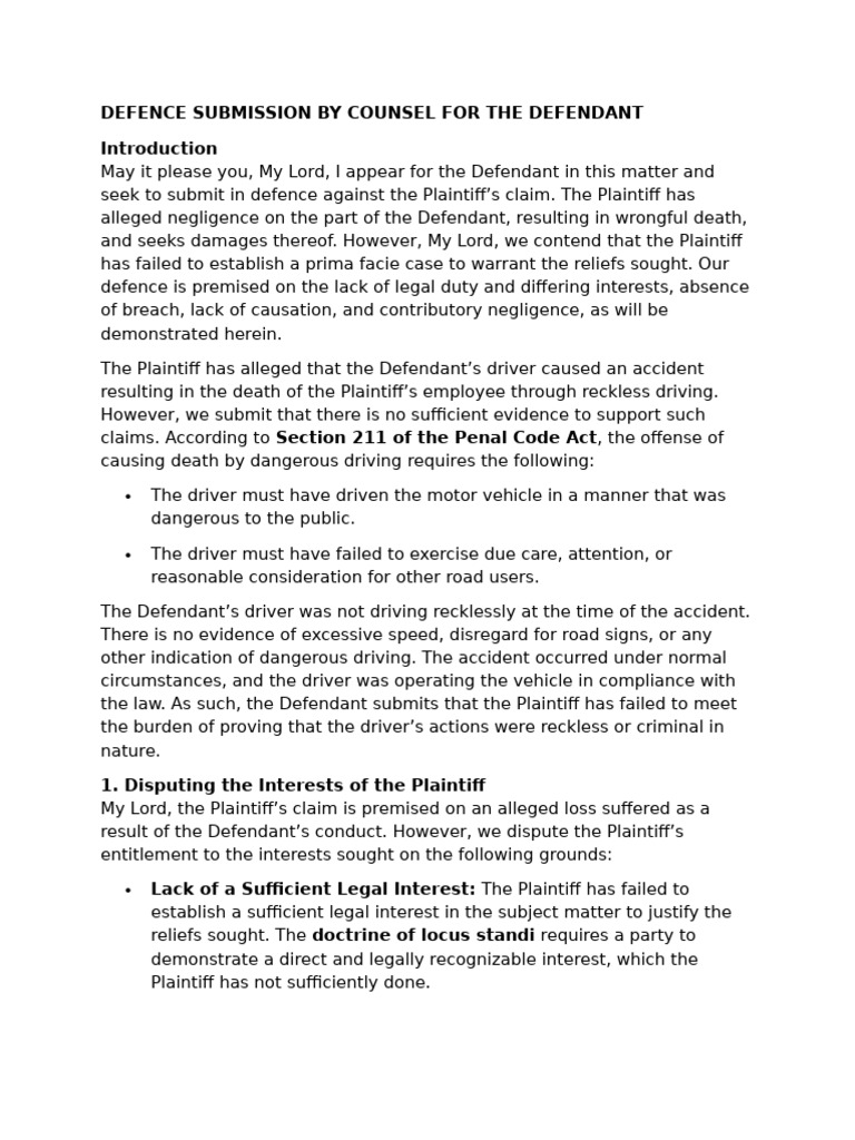 DEFENCE SUBMISSION BY COUNSEL FOR THE DEFENDANT - Trial Advocacy | PDF ...