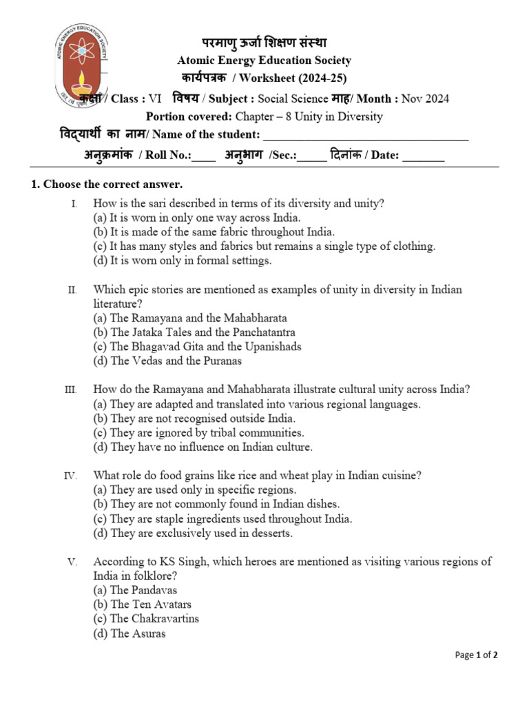 WORKSHEET Social Science CL-VI CHAPTER-08 Unity in Diversity | PDF