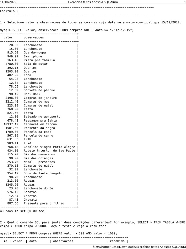 Exercícios Feitos Apostila SQL Alura | PDF | Tabela (banco de dados) | SQL