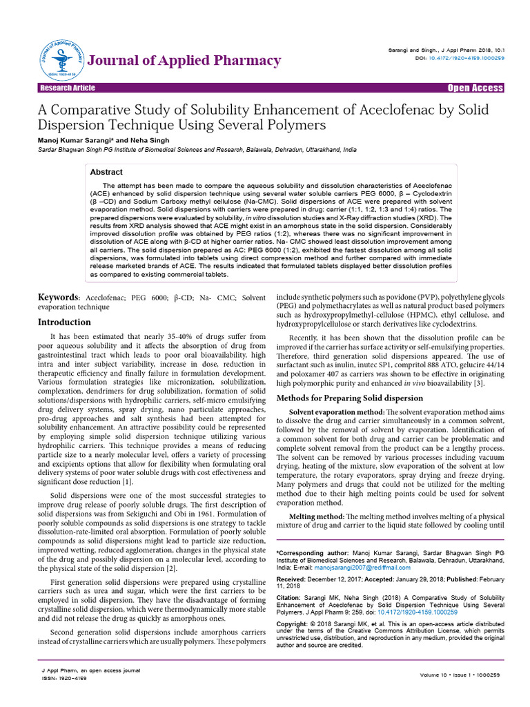 A Comparative Study of Solubility Enhancement of Aceclofenac by Solid ...