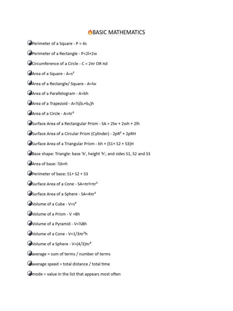 BASIC MATHEMATICS Formulas | PDF | Area | Elementary Mathematics